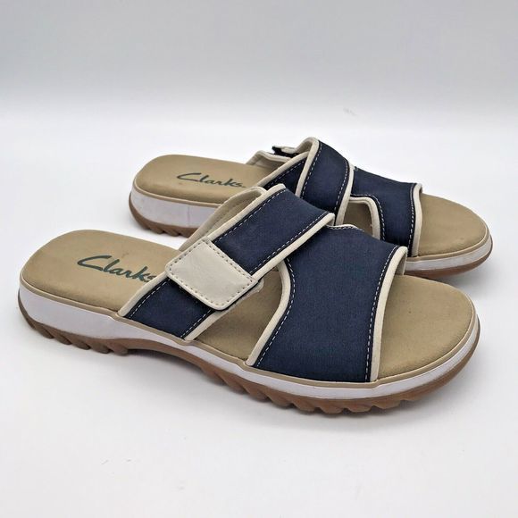 Clarks | Shoes | Clarks Hyannis Navy Taupe Canvas Slides Womens 7m Hook ...